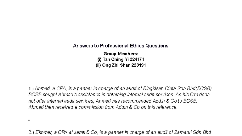 Professional Ethics Case Studies: Analysis & Answers (ACCT 101) - Studocu