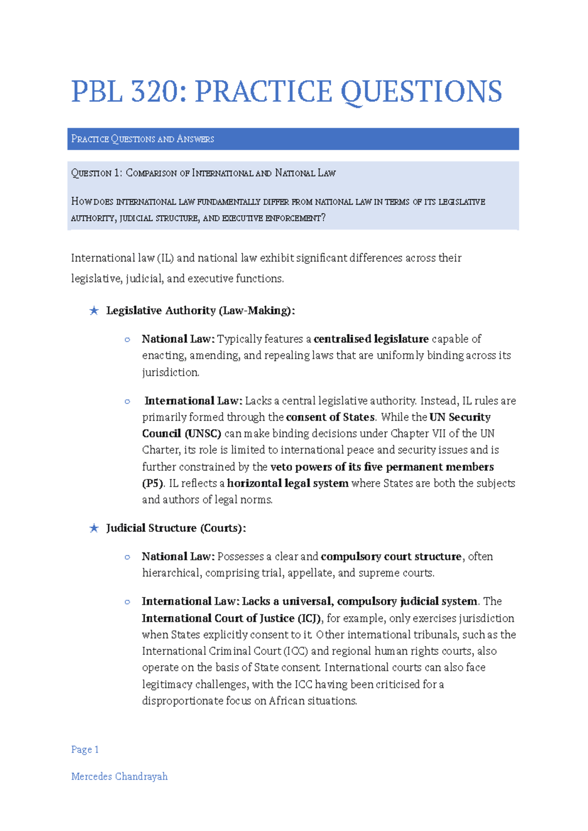 PBL 320: Practice Questions on International Law Concepts and ...