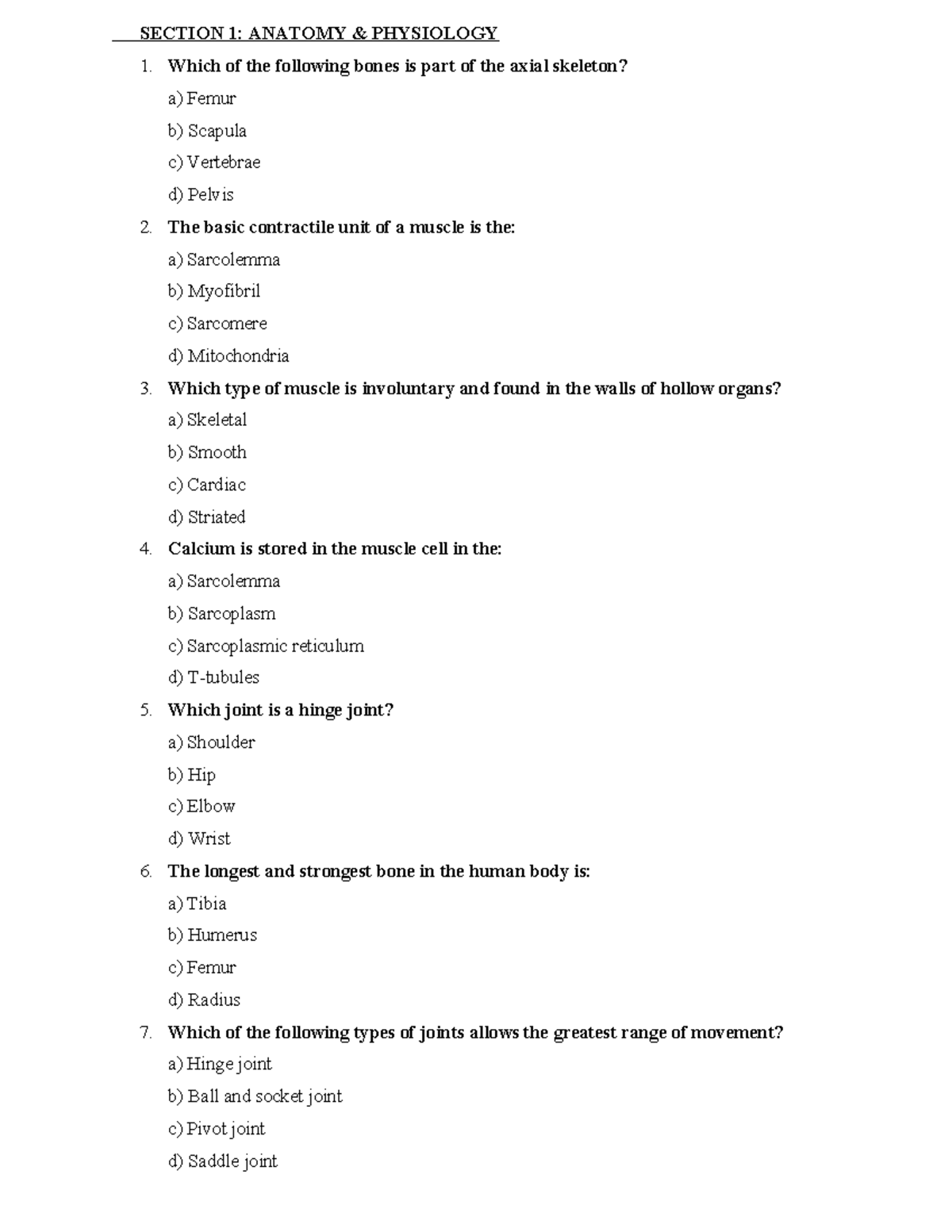 MCQs on Musculoskeletal System - Anatomy & Physiology 1 - Studocu