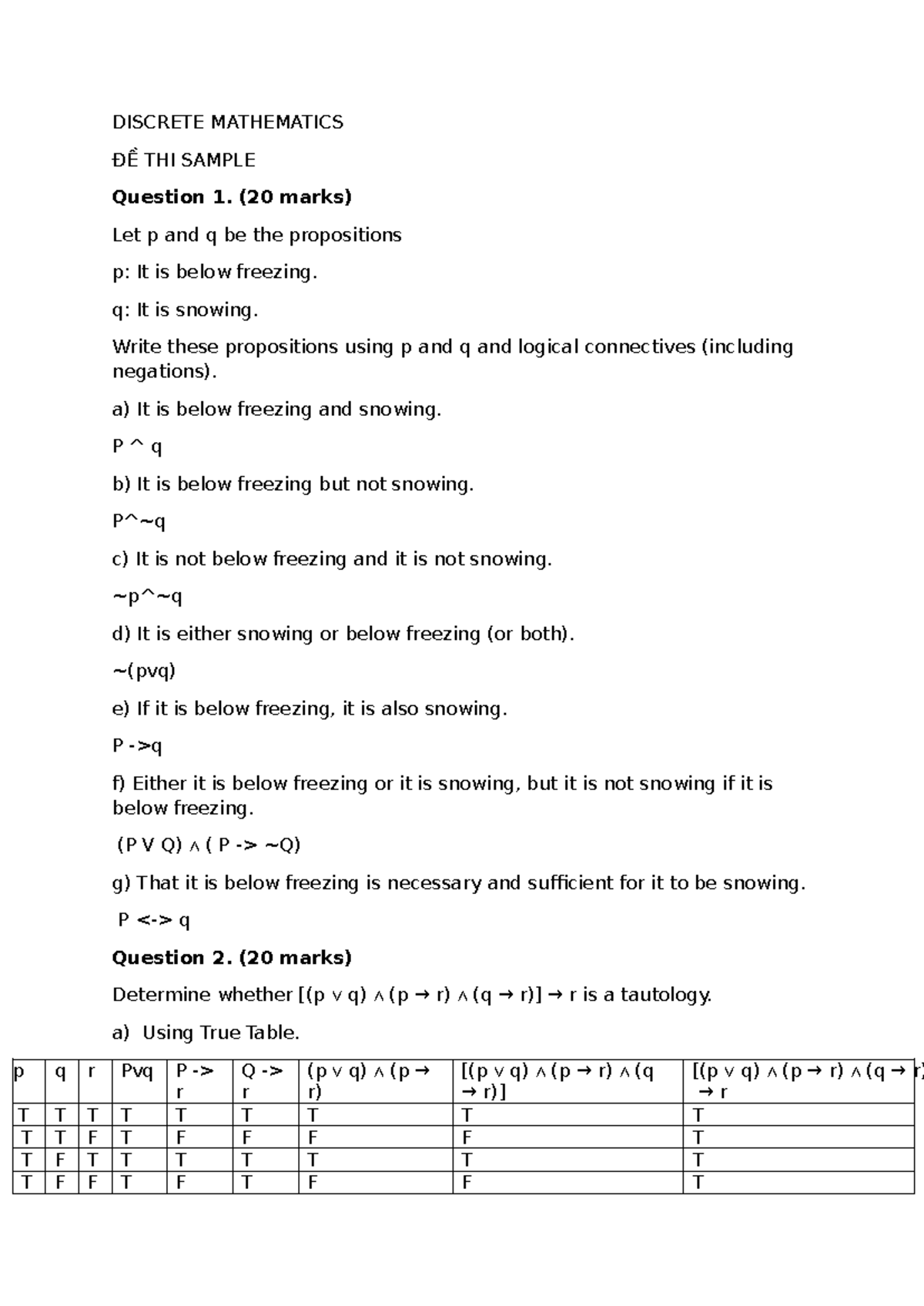 DISCRETE MATHEMATICS SAMPLE EXAM QUESTIONS AND SOLUTIONS - Studocu
