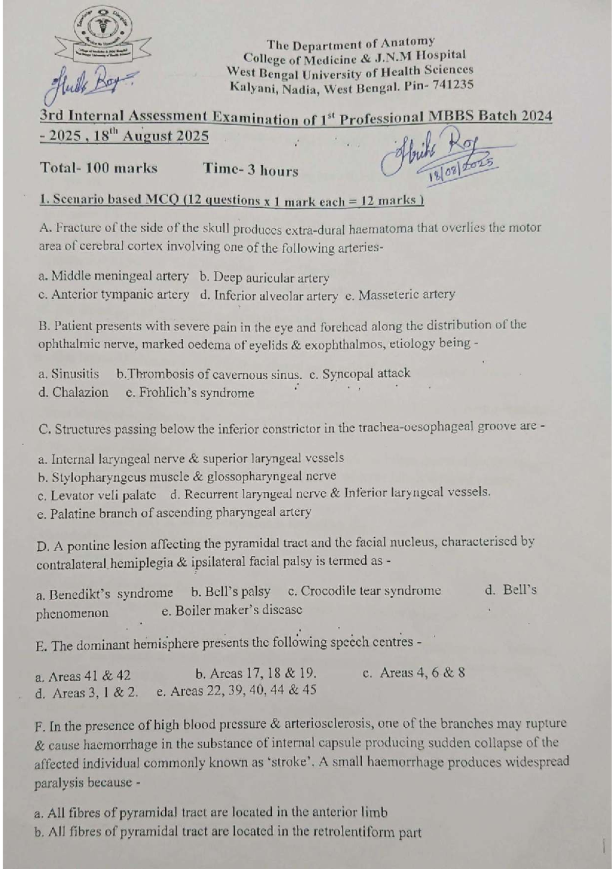 3rd Internal Assessment Exam - Anatomy MBBS Batch 2024 - Studocu