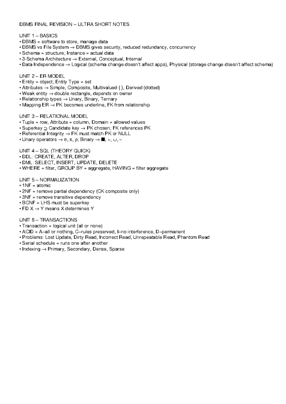 DBMS Final Revision Notes: Ultra Short Overview of Key Concepts - Studocu