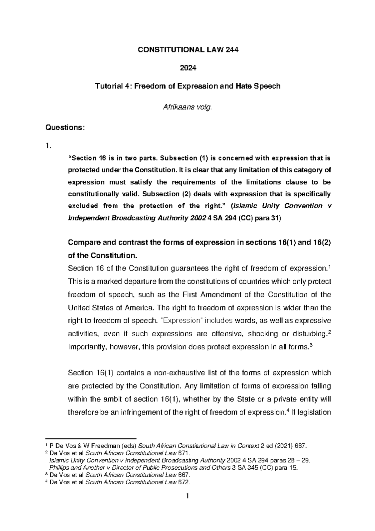 Con Law 244 Tutorial Tutoriaal 4 Memorandum Translated - CONSTITUTIONAL LAW 244 2024 Tutorial 4 ...