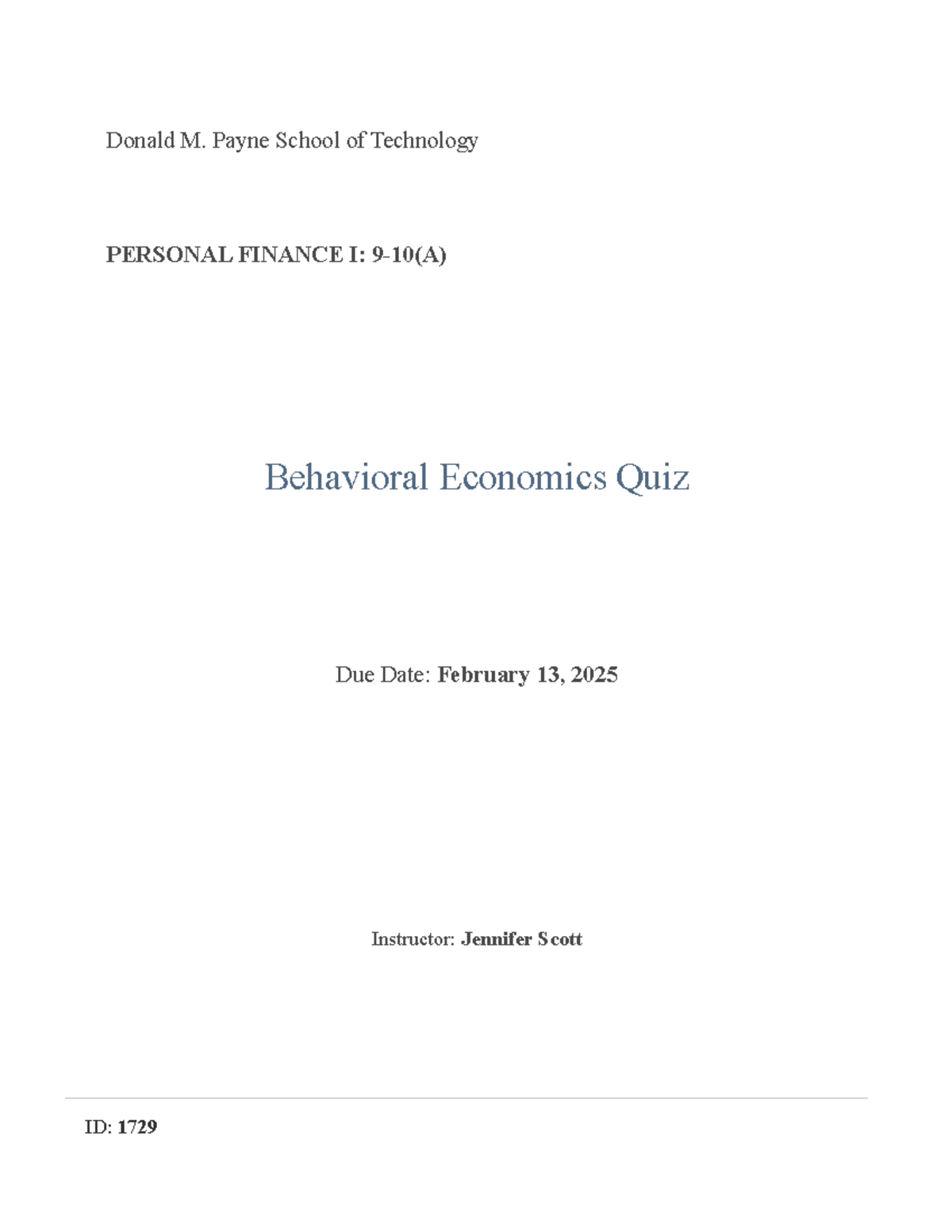 Behavioral Economics Quiz - Personal Finance I: 9-10(A) Due Feb 13 ...
