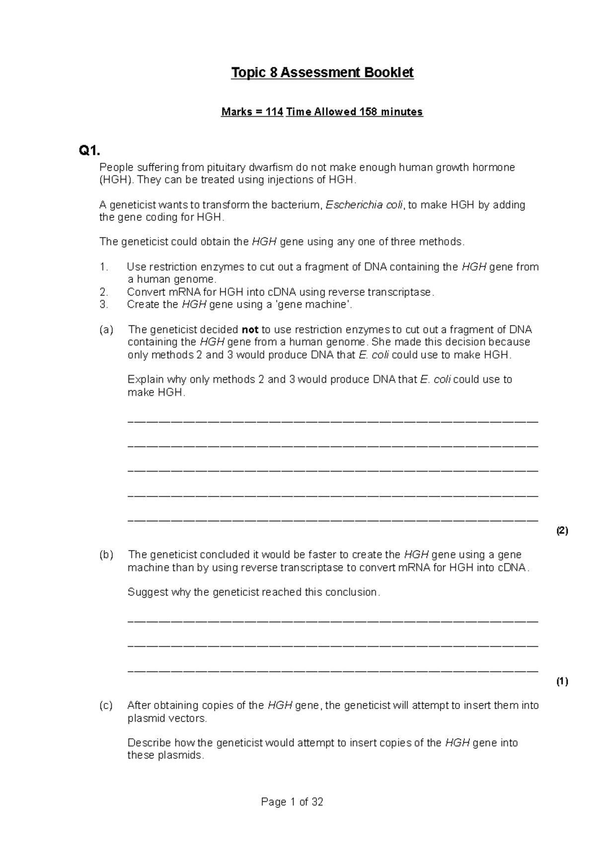 Topic 8 Genetics & Biotechnology Assessment Booklet - Studocu