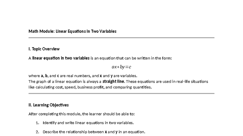 Math Module: Linear Equations in Two Variables - Review Notes - Studocu