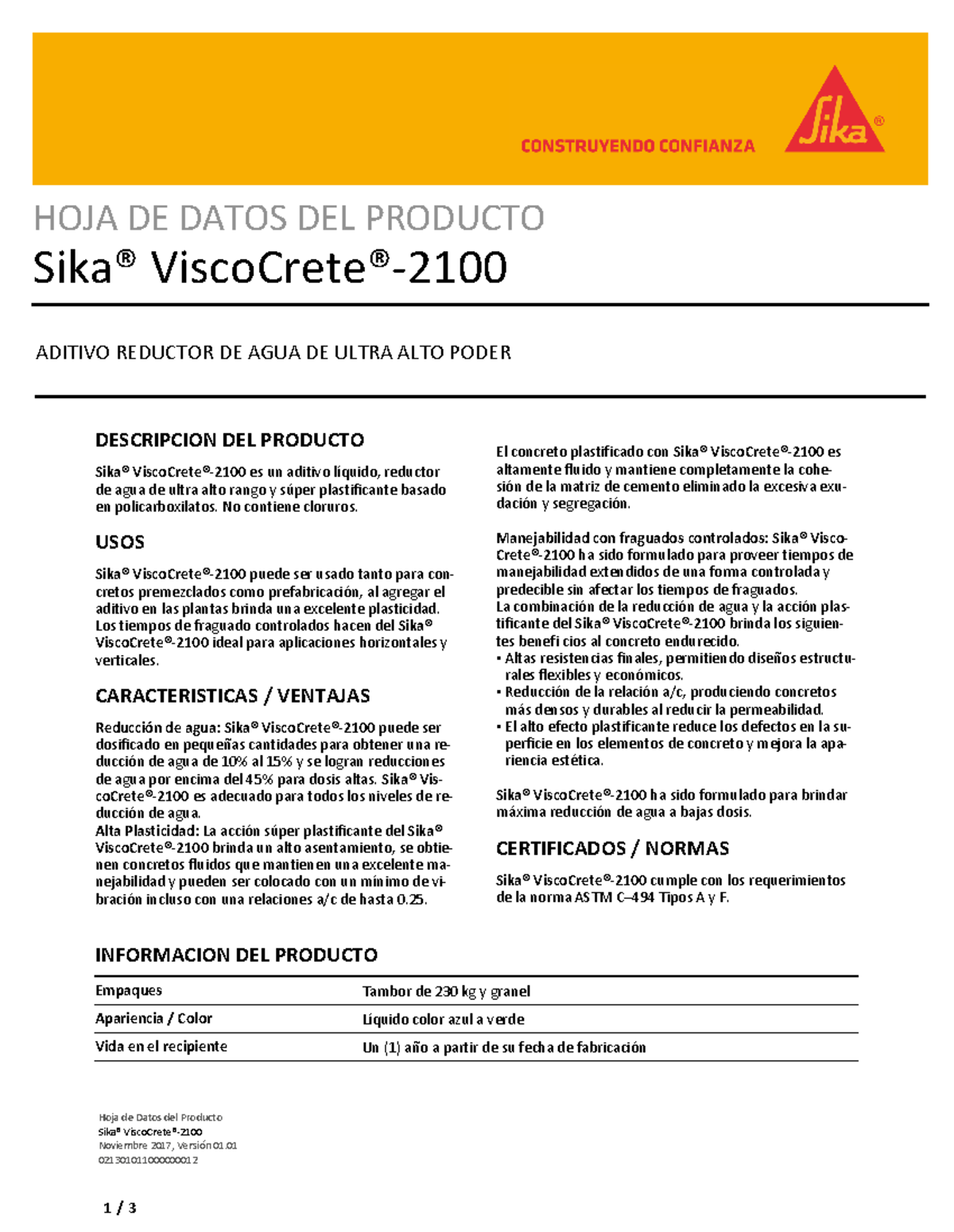 Sika® ViscoCrete®-2100: Ficha Técnica y Usos del Aditivo Plástico - Studocu