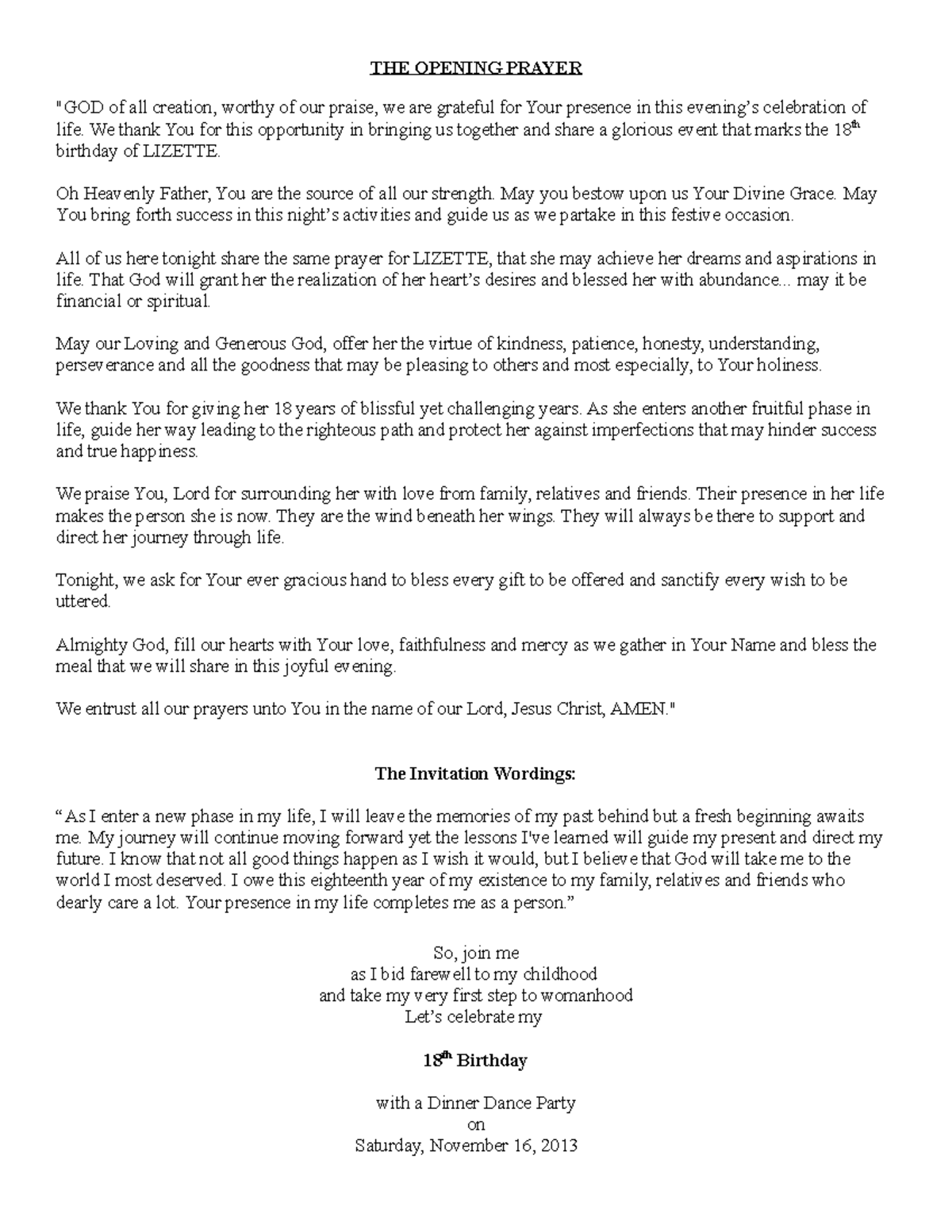 Debut Program of Lizette's 18th Birthday Celebration - Studocu