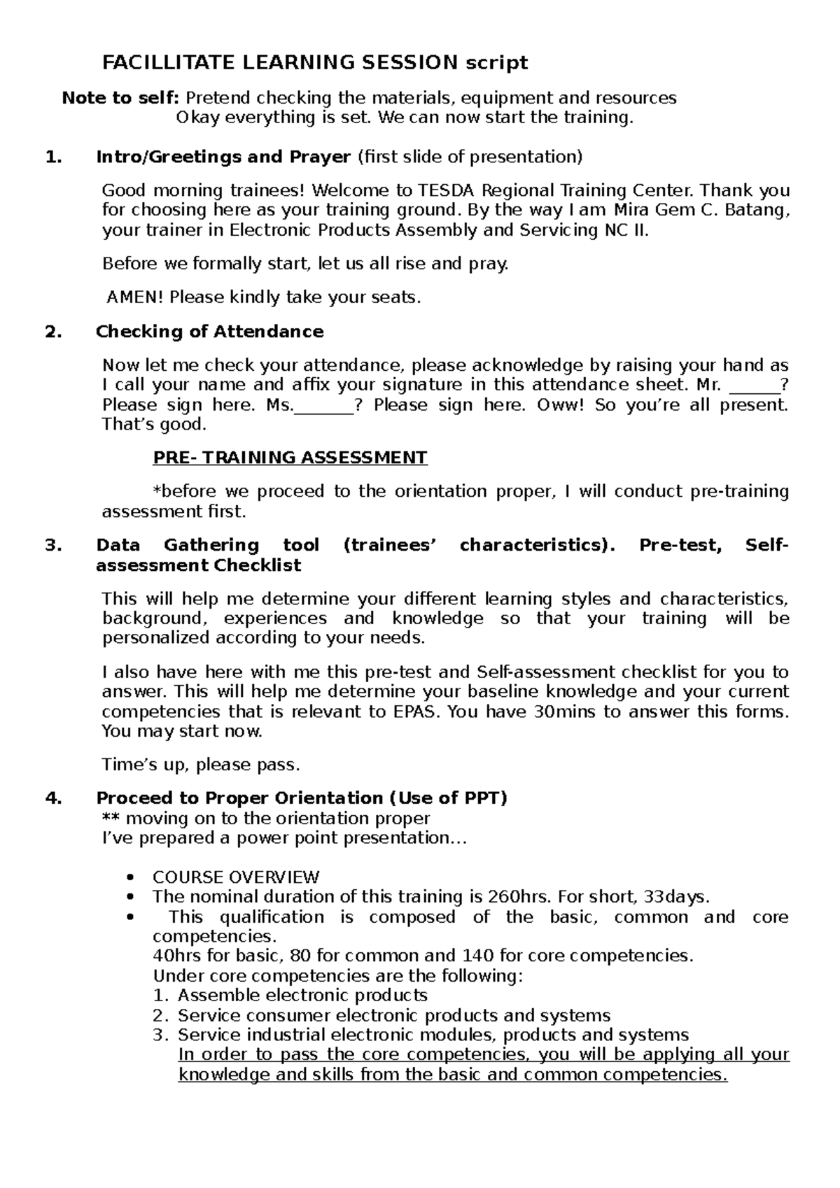 FLS Script - FACILLITATE LEARNING SESSION script Note to self: Pretend ...