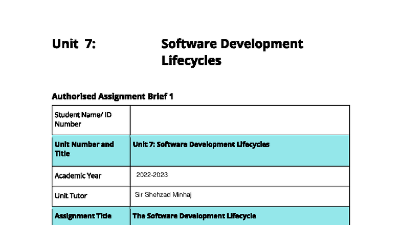 Unit 7 Software Development Lifecycles Assignment Brief And