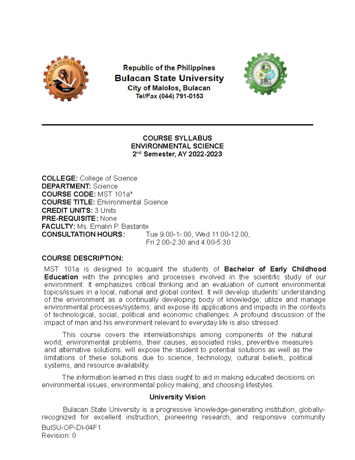 MST 101a: Environmental Science Course Syllabus for 2nd Semester AY ...