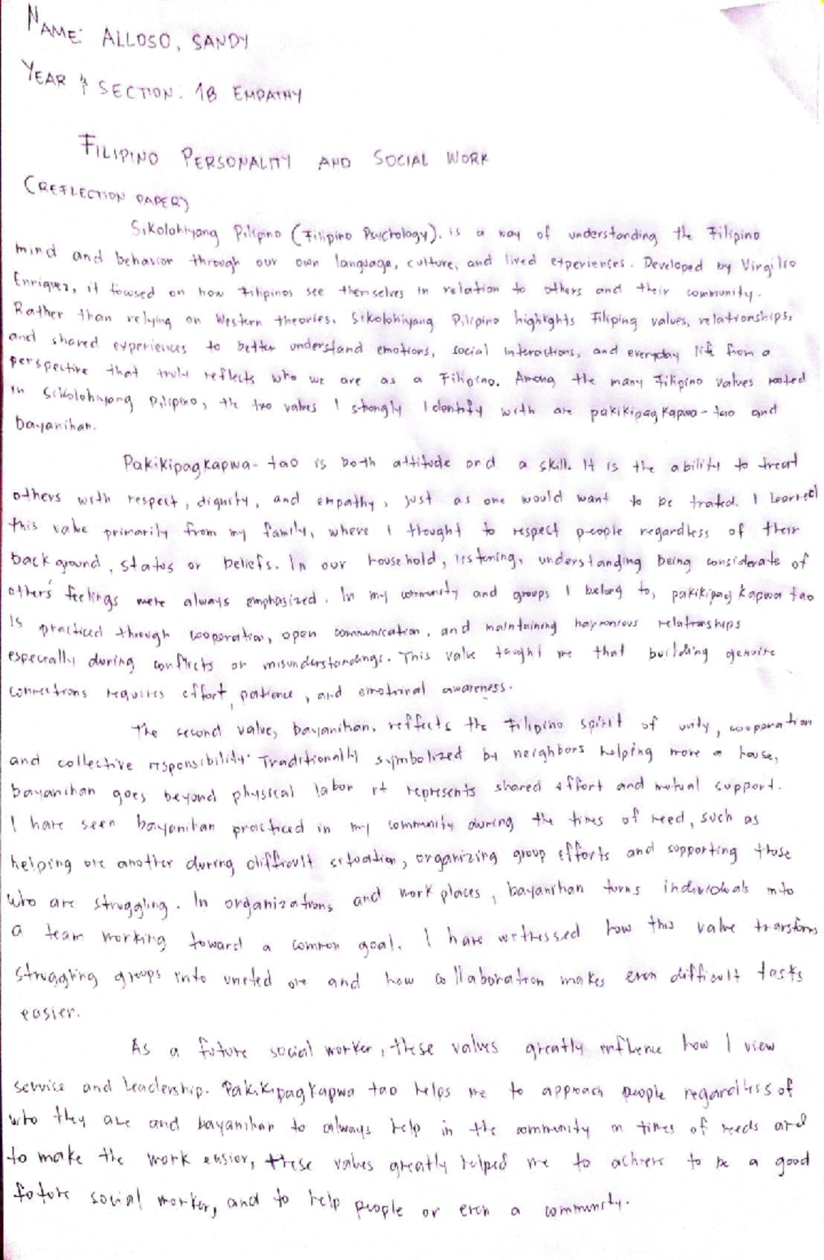 Reflection Paper on Empathy in Filipino Personality and Social Work (SW ...