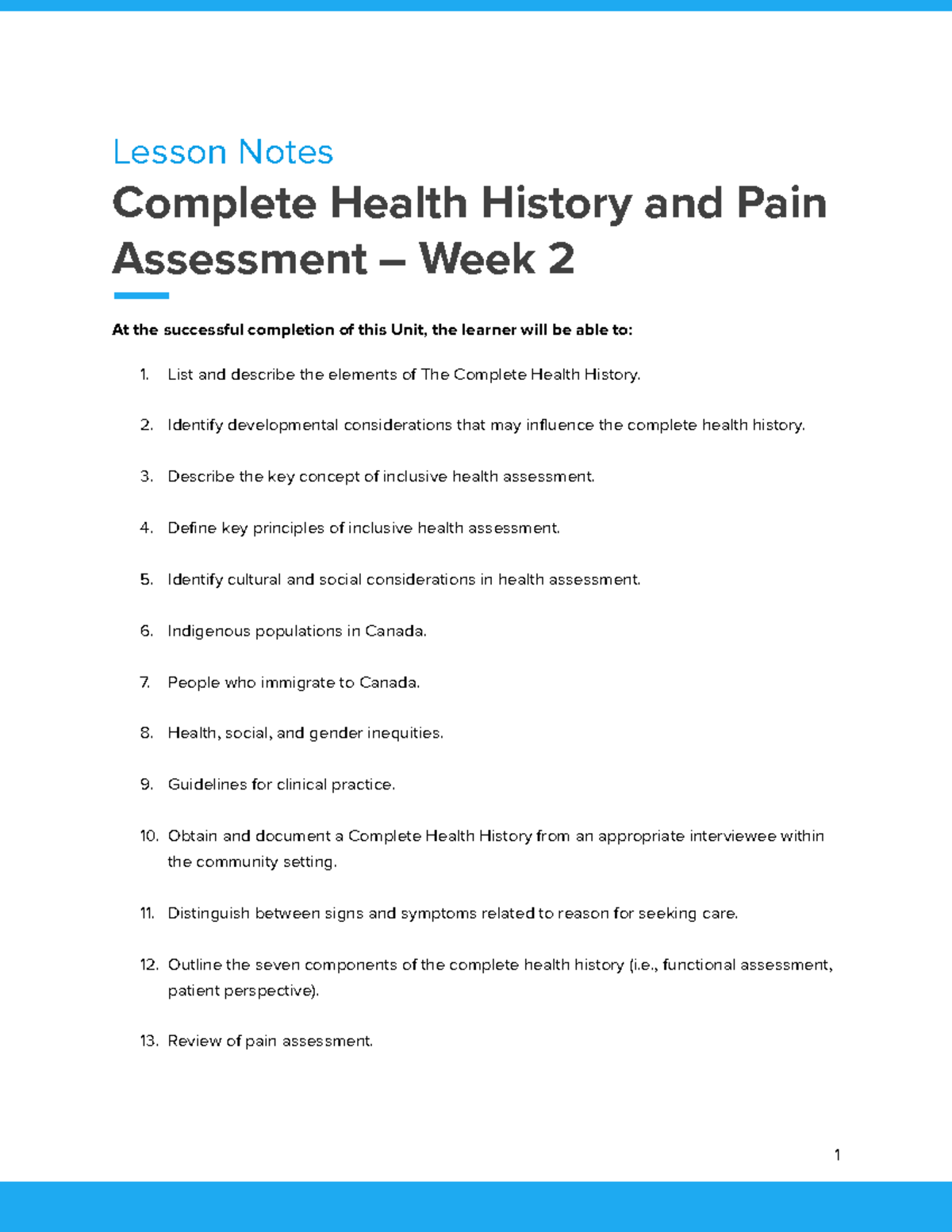 NURS1068 - Week 2 Lesson: Complete Health History & Pain Assessment ...