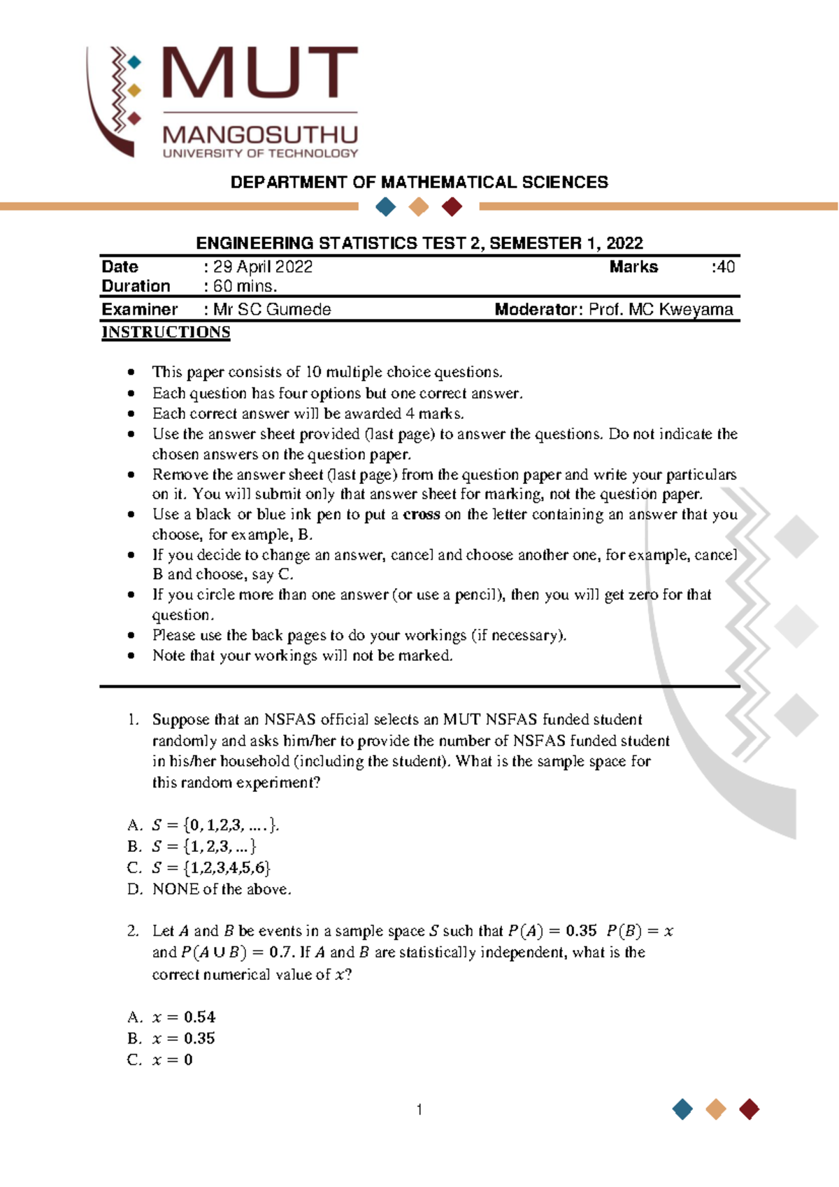 ENG STATISTICS TEST 2 - SEM 1 2022 - MATHEMATICAL SCIENCES - Studocu
