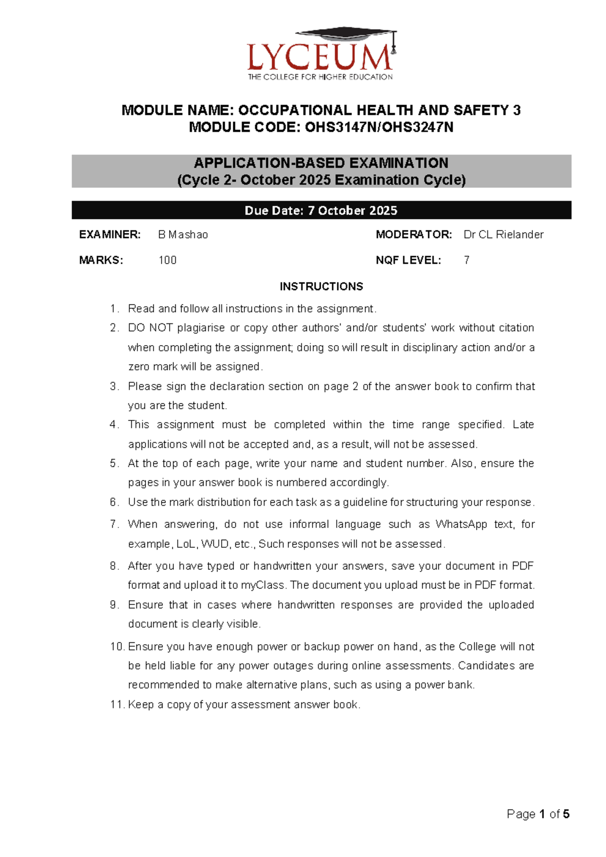 Occupational Health and Safety Exam (Module Code: OHS 3) - October 2025 ...