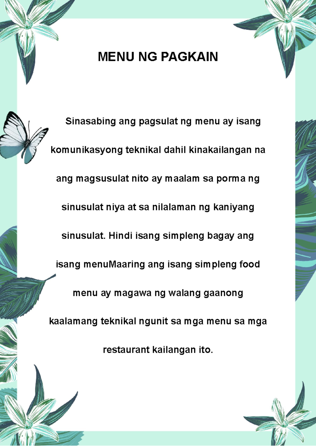 MENU-NG - Komunikasyong Teknikal sa Pagsulat ng Menu ng Pagkain - Studocu