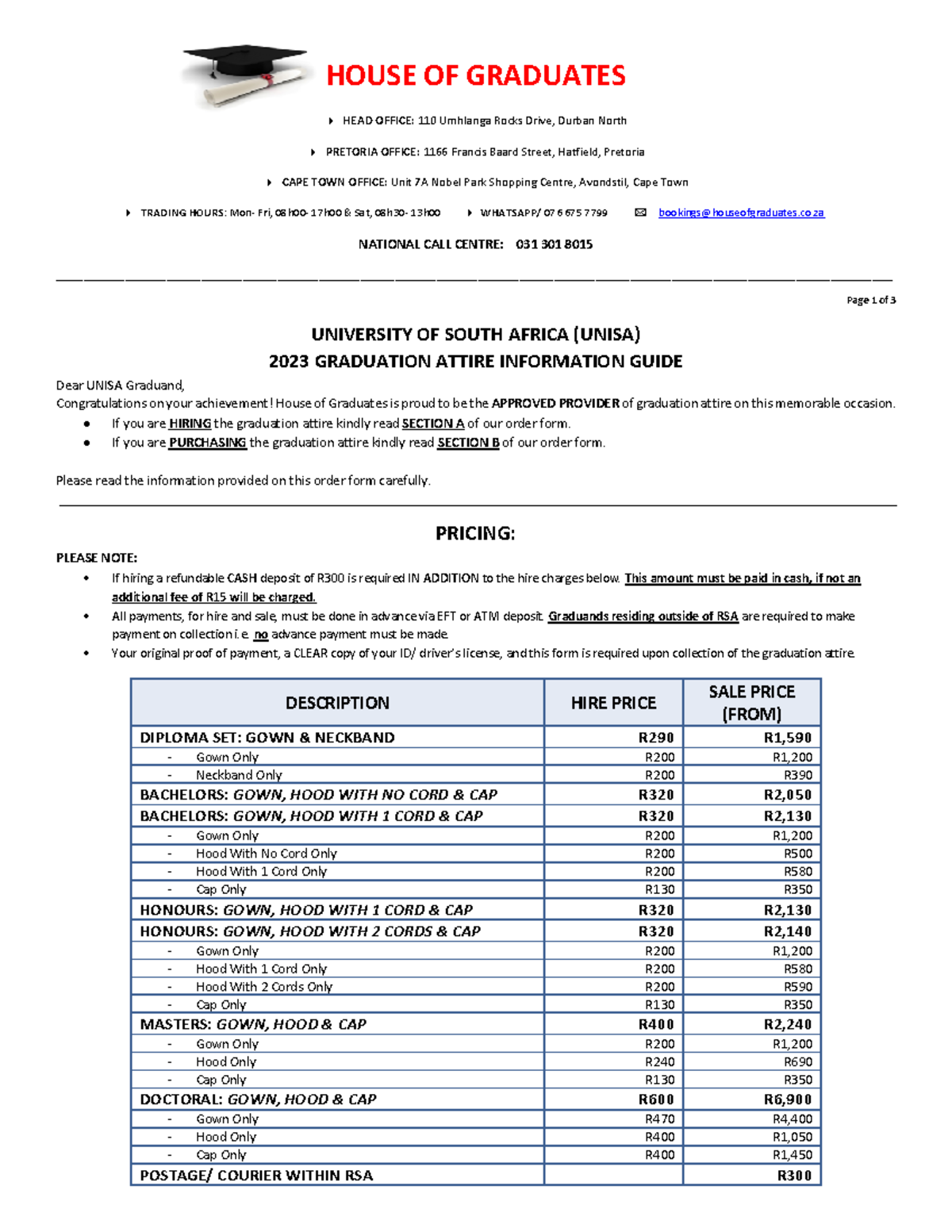 UNISA 2023 Graduation Attire Pricing and Order Instructions Guide - Studocu