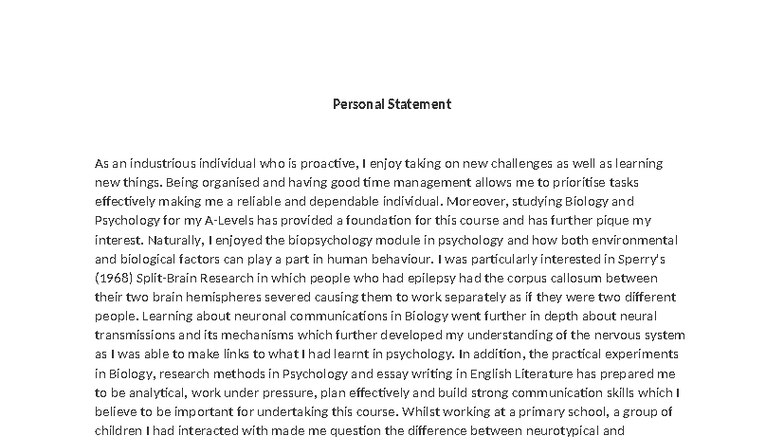 Personal Statement for Psychology & Neuroscience Course Application ...