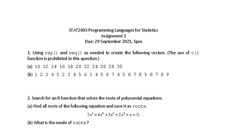 STAT2005 Assignment 1: R Programming for Statistics Tasks - Studocu