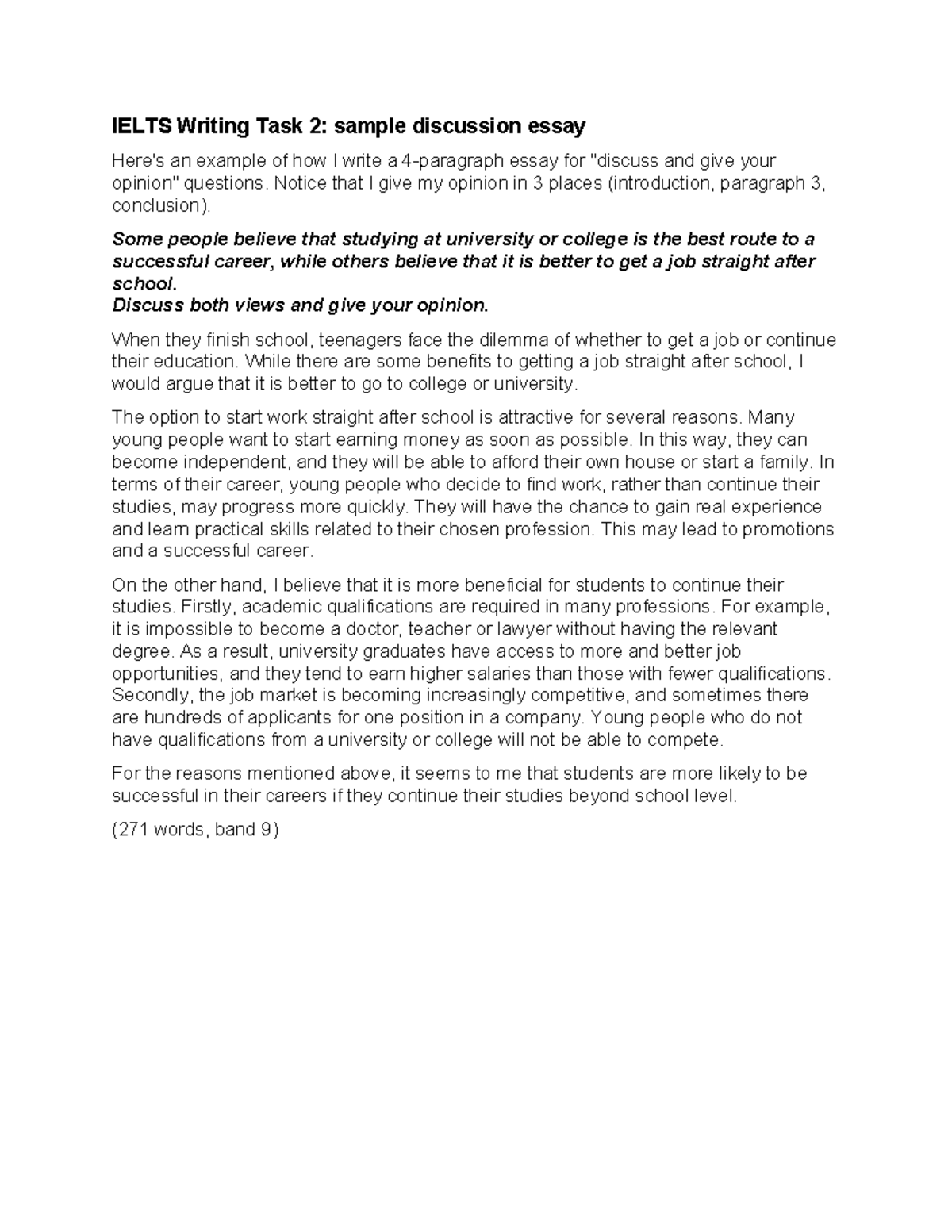 IELTS Writing Task 2: Discussion Essay on Education vs. Work - Studocu