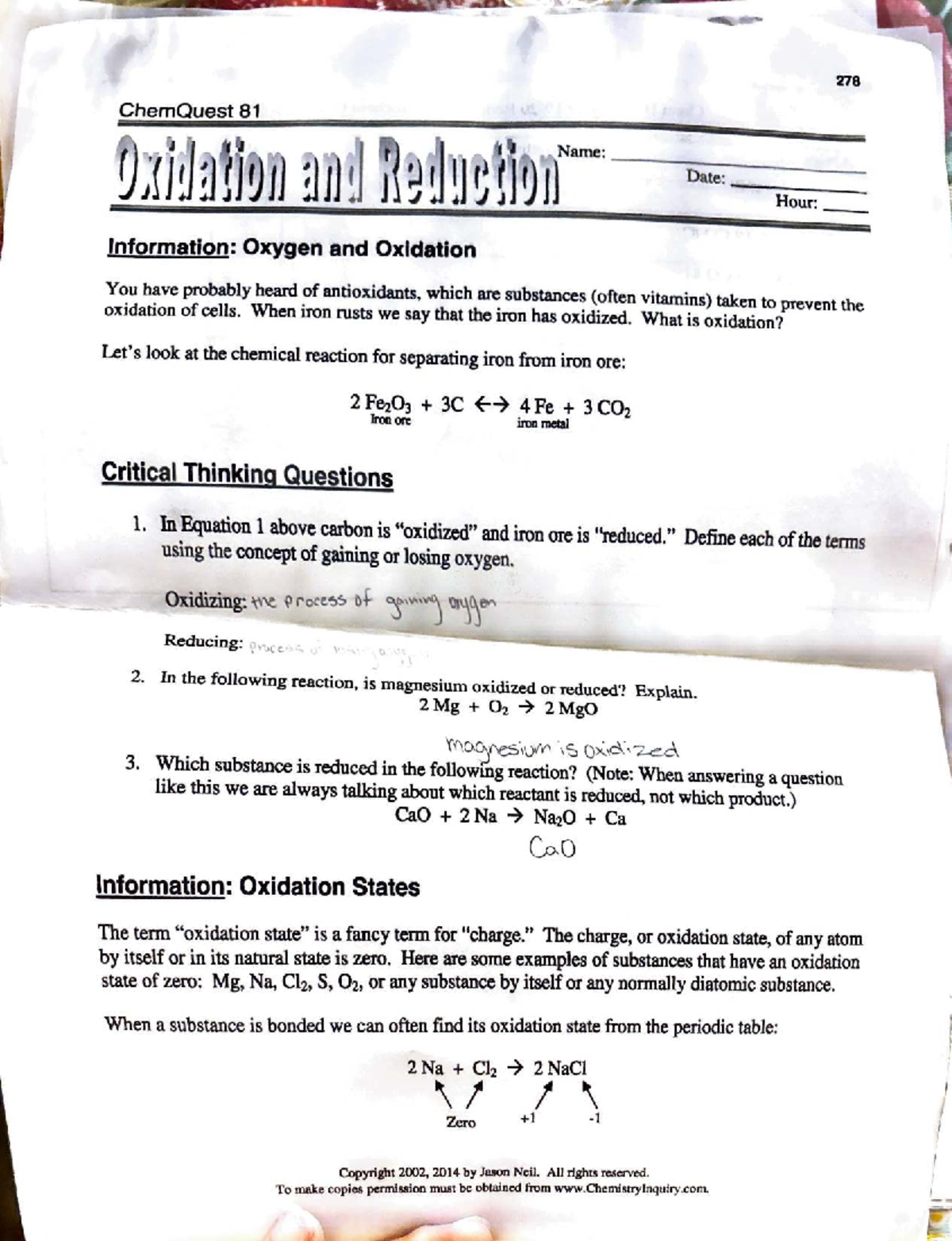 Chemistry 278: Oxidation and Reduction Concepts for Exam 81 - Studocu
