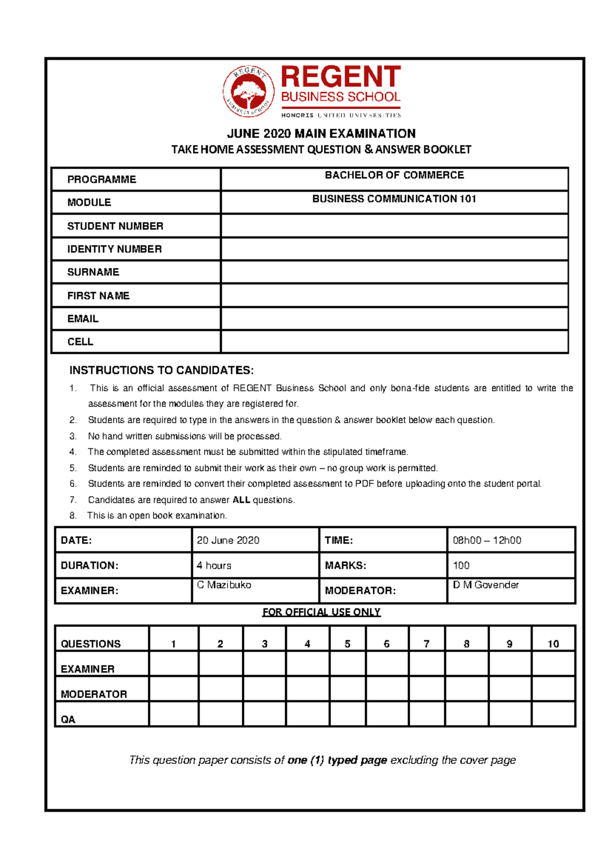 BCOM Y1 Bus Comm 101 June 2020 Take Home Exam Q&A Booklet - Studocu