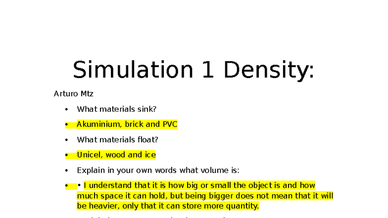 Simulation 1 Density: Understanding Sinking and Floating Materials ...
