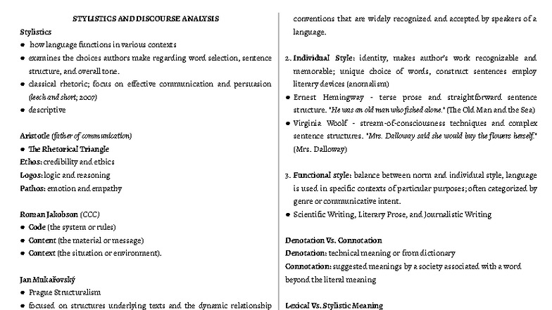 TTAG - Lecture on Stylistics and Discourse Analysis - Studocu