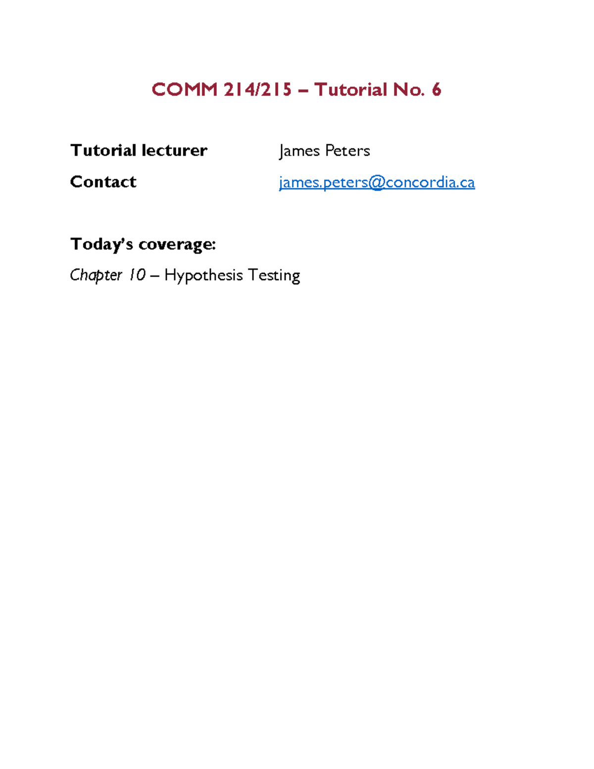 COMM 215 Tutorial 6 - Hypothesis Testing Answer Key - Studocu