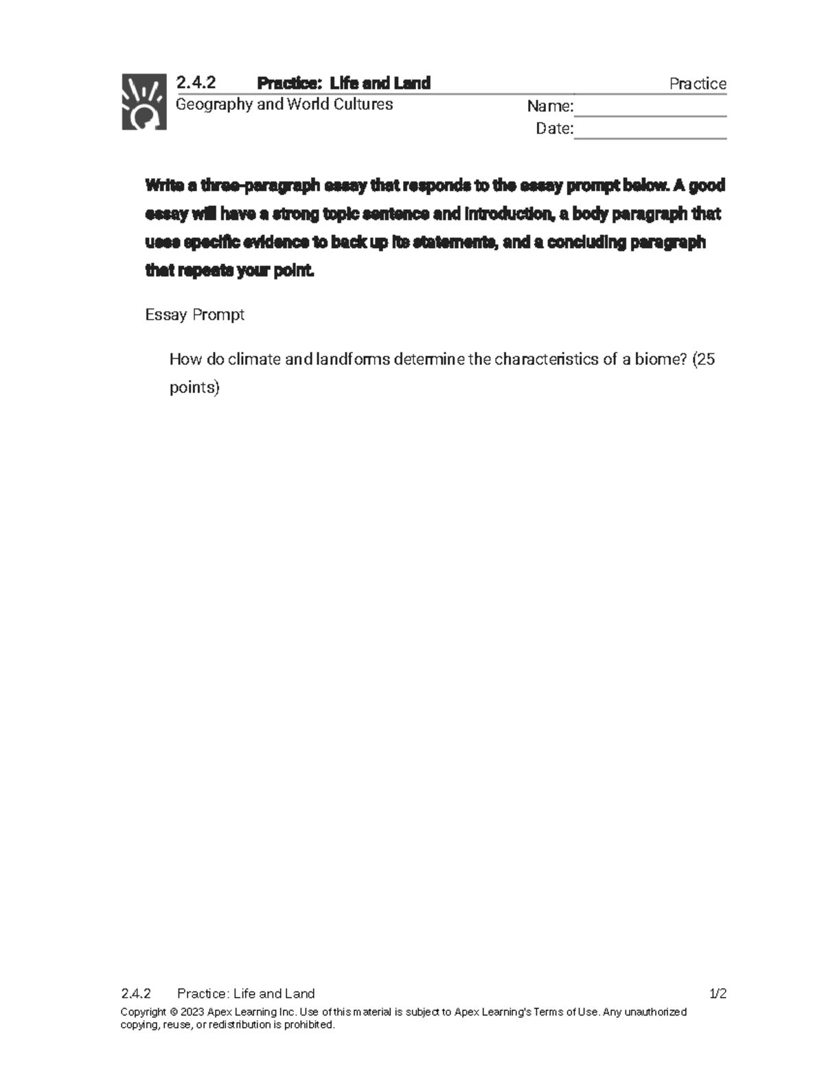 2.4.2 Practice - Essay on Climate and Landforms in Biomes - Studocu
