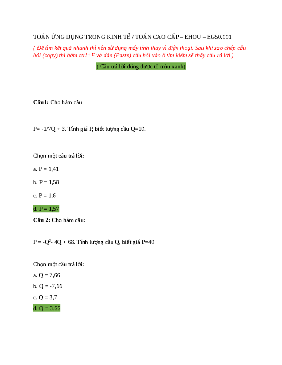 Toán cao cấp - 96 câu hỏi và đáp án môn Toán ứng dụng kinh tế - EHOU ...