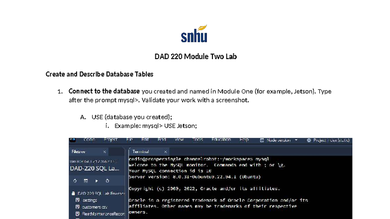DAD 220 Module Two Lab: Creating and Describing Database Tables - Studocu