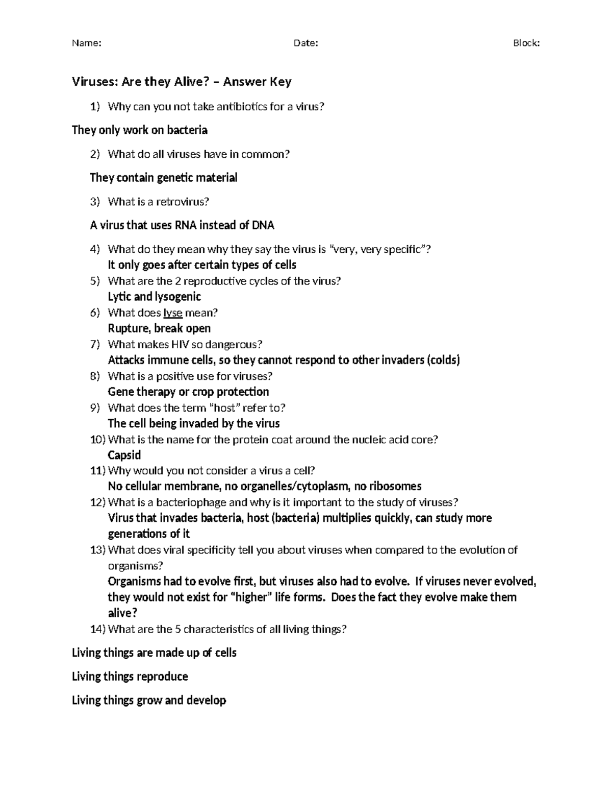 Biology 11 Prokaryotes Lesson 1 Viruses: Are They Alive? Answer Key ...
