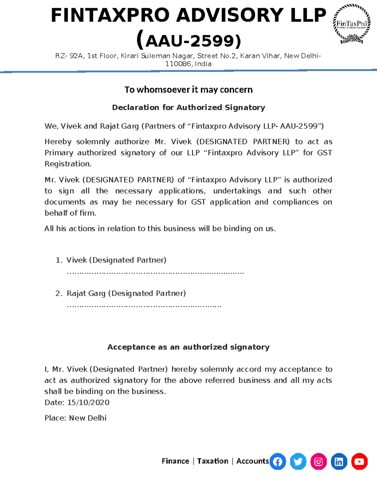Authorisation letter - AUTHORITY LATTER FORMATE - FINTAXPRO ADVISORY ...