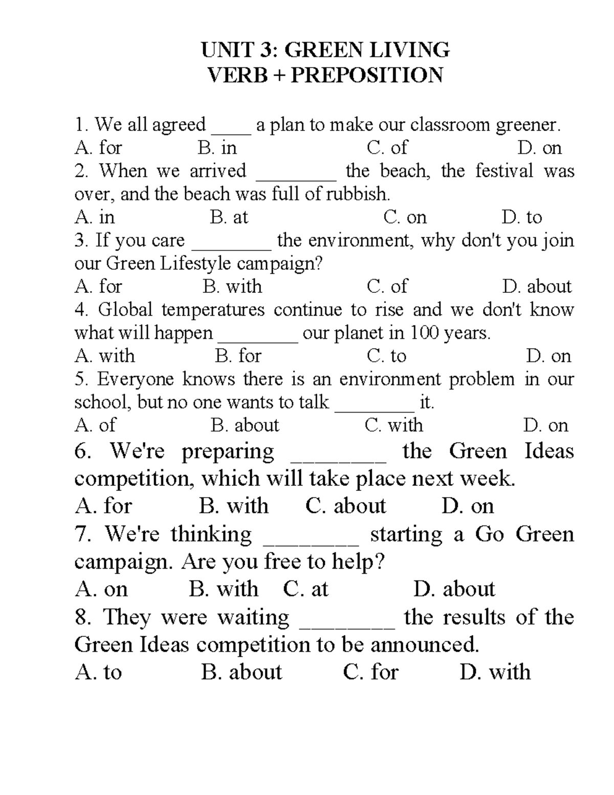 BT U3: Green Living Verb Preposition Exercises - Studocu