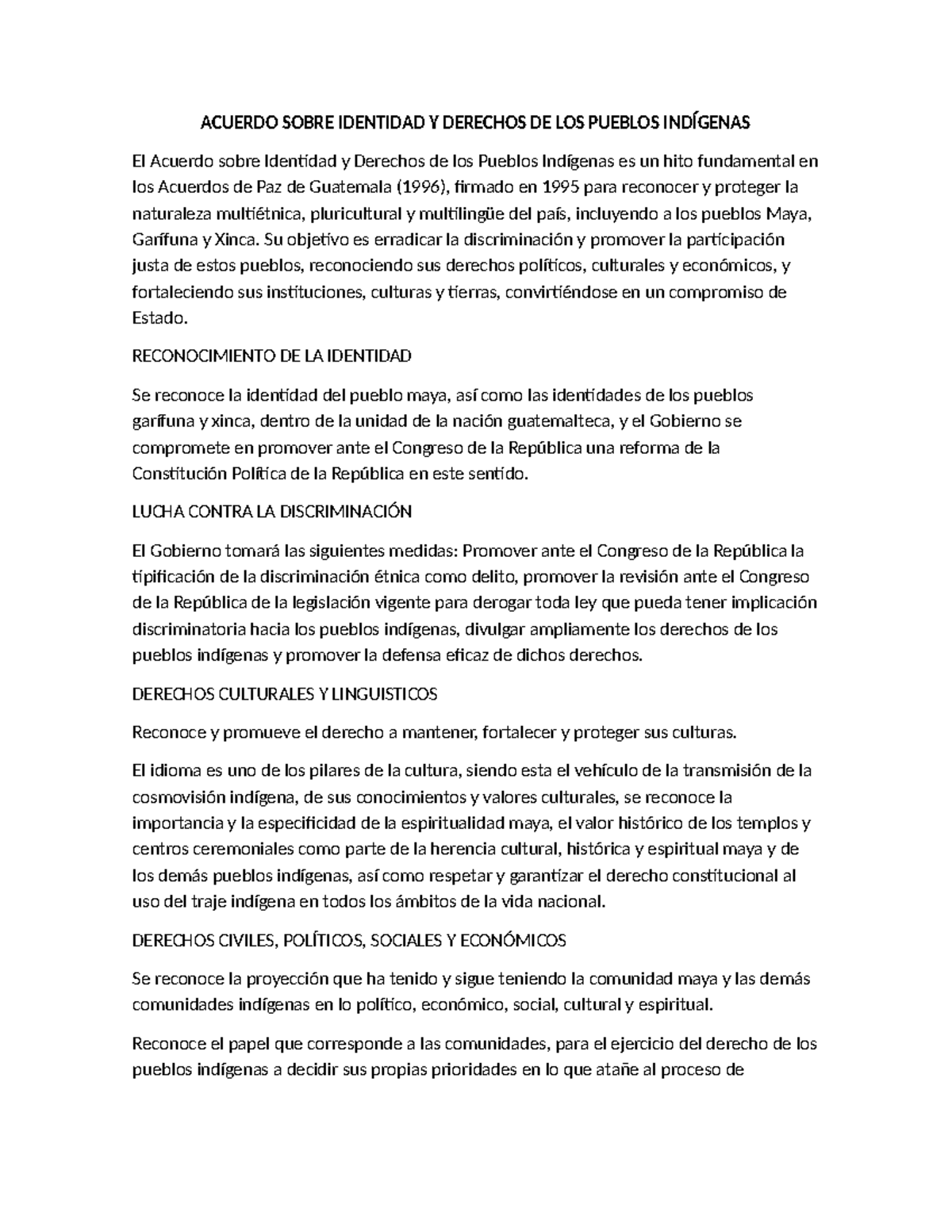 ACUERDO SOBRE IDENTIDAD Y DERECHOS DE LOS PUEBLOS INDÍGENAS - Studocu