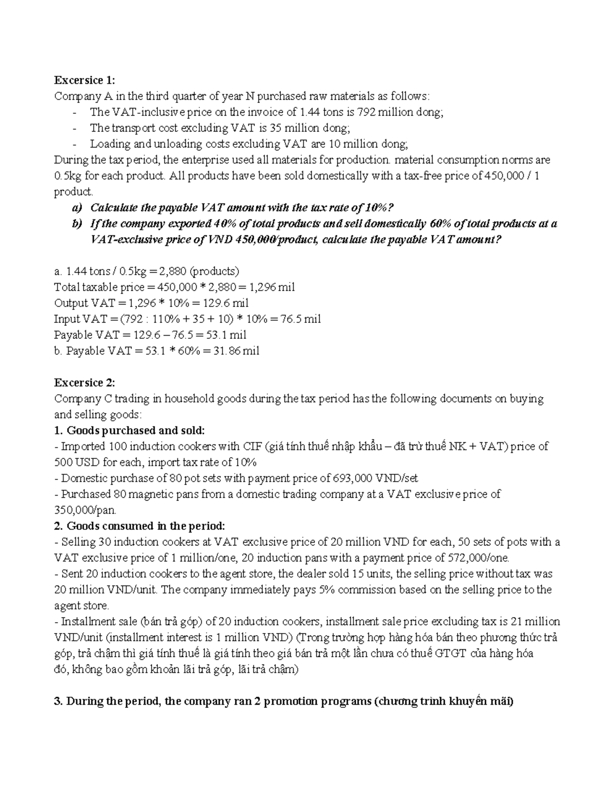 Excersice VAT - Excersice 1: Company A in the third quarter of year N ...