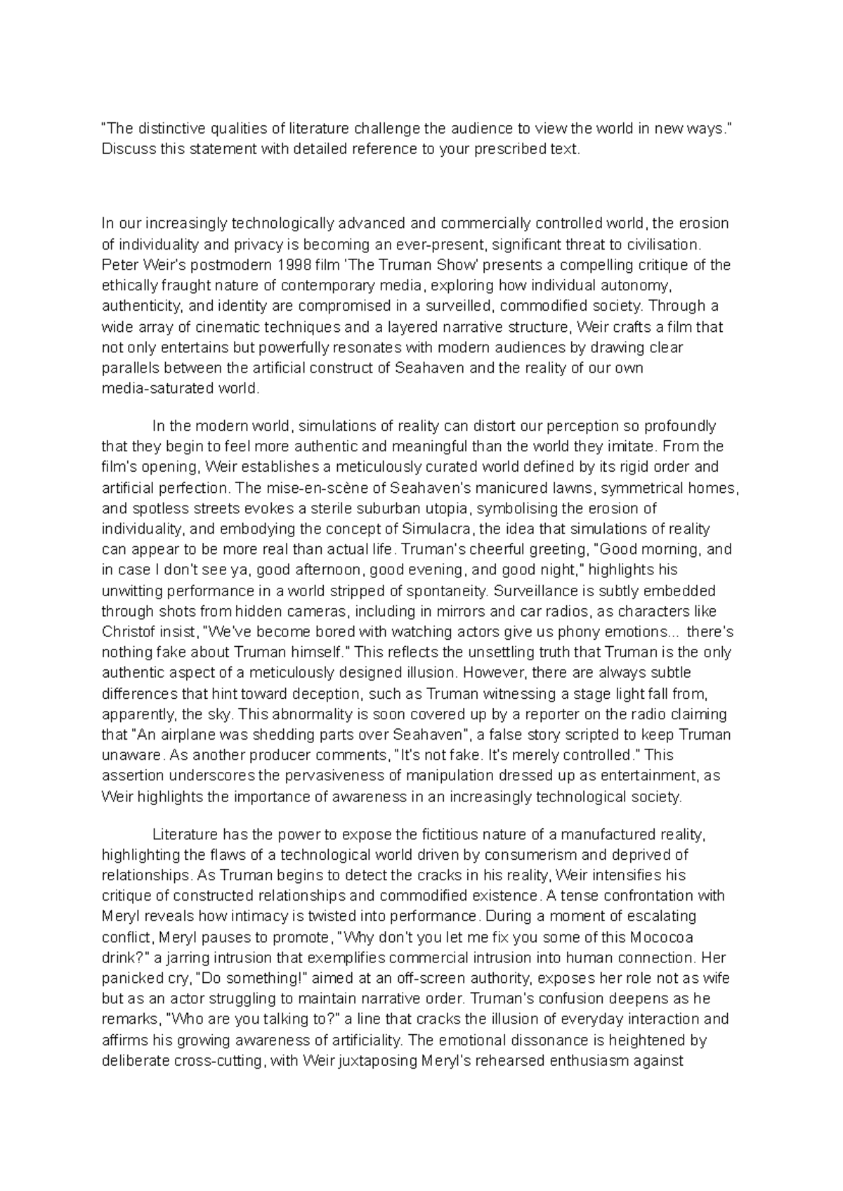 Module B Essay: The Illusion of Reality in Weir's "The Truman Show ...