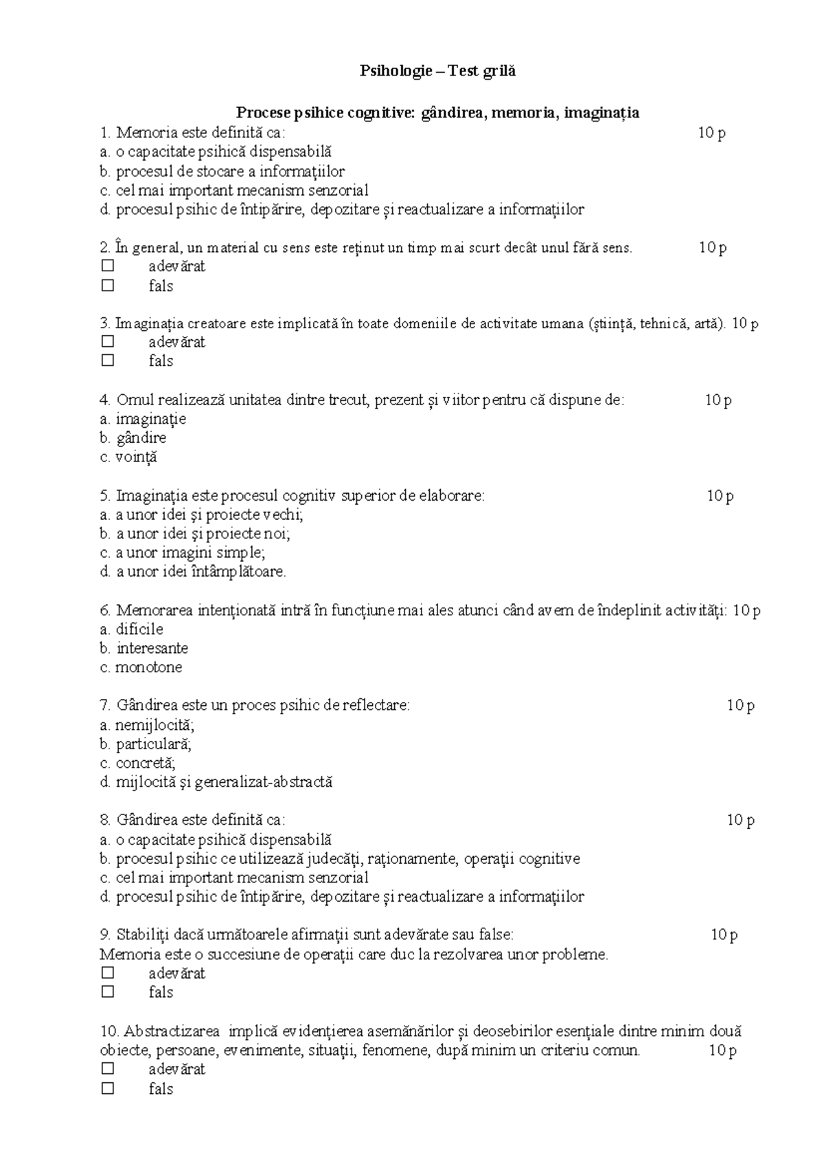 Psihologie - Test Grilă 1: Procese Psihice Cognitive - Studocu