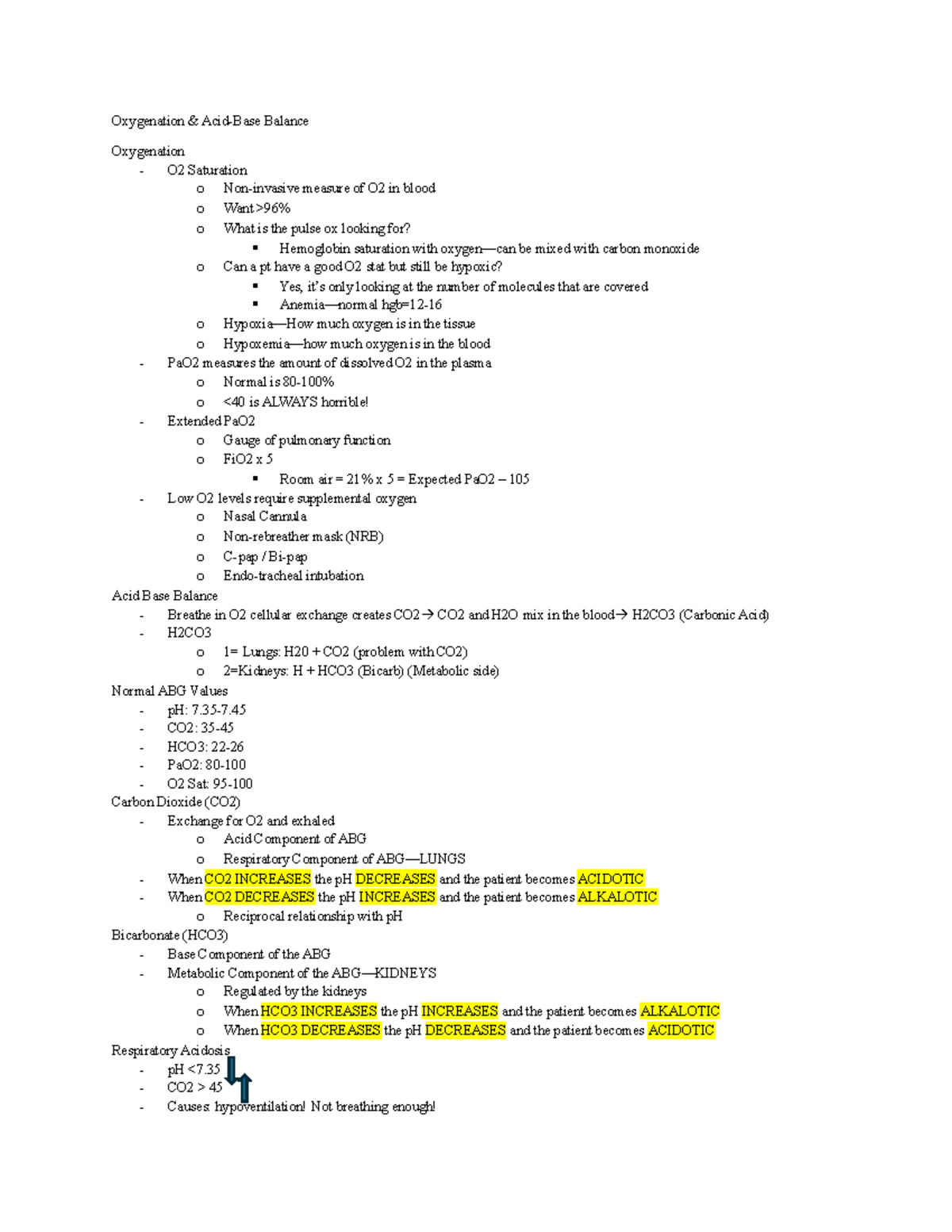 Oxygenation & Acid-Base Balance: Key Concepts & ABG Interpretation - Studocu