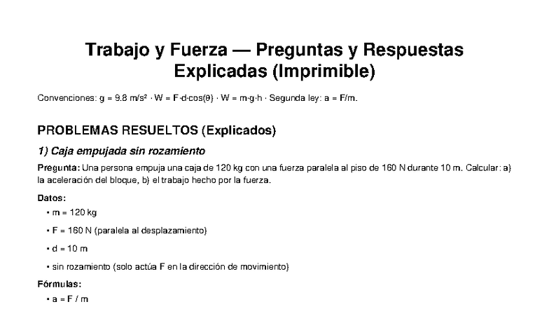 Trabajo y Fuerza - Preguntas y Respuestas Explicadas (g 9.8) - Studocu