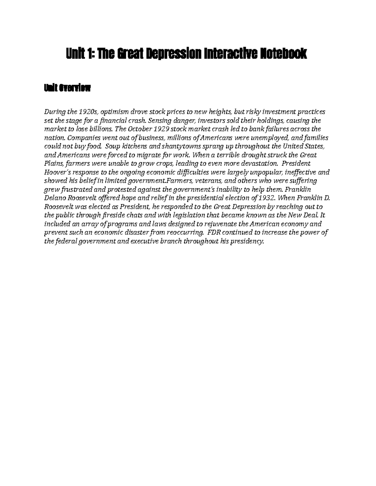 Unit 1: Great Depression Interactive Notebook (History 101) - Studocu