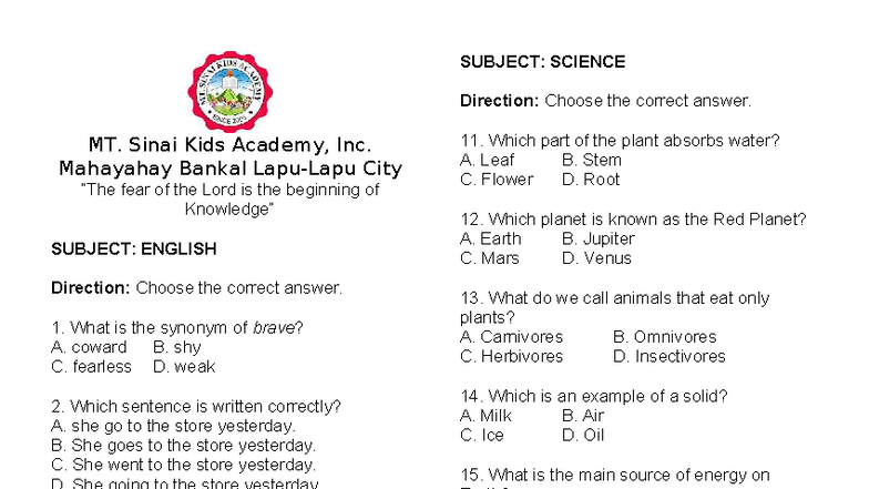 G6 Diagnostic Test: Science, English, Filipino, Math Questions - Studocu