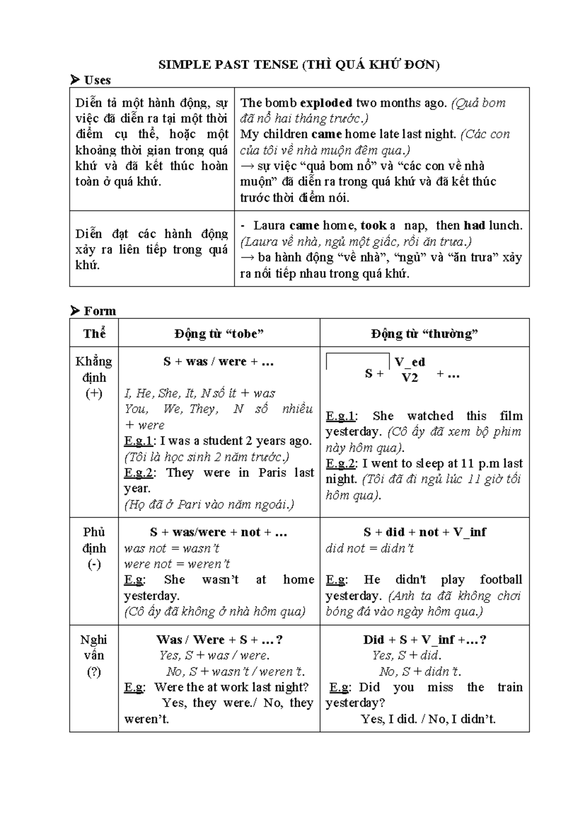 Simple Past Tense (THÌ QUÁ KHỨ ĐƠN) - Tài liệu học tiếng Anh - Studocu