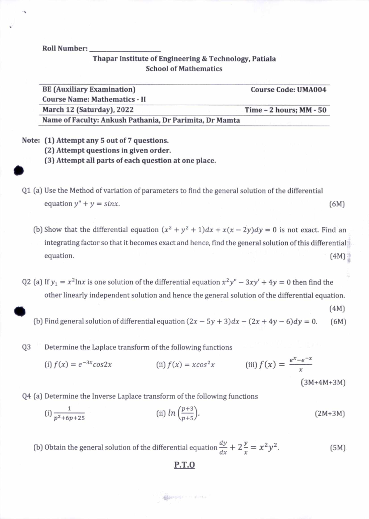 2022 - PYQ - Roll Number: Thapar Institute of Engineering & Technology, Patiala School of - Studocu