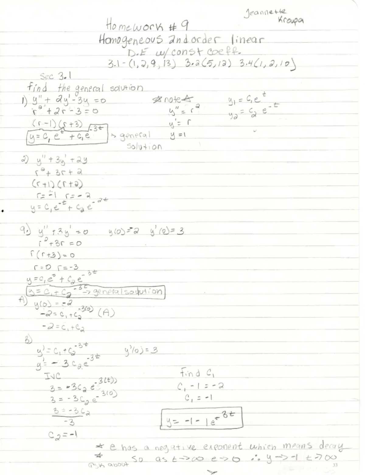 Diffeq HW9: Homogeneous Linear D.E. Solutions & General Methods - Studocu