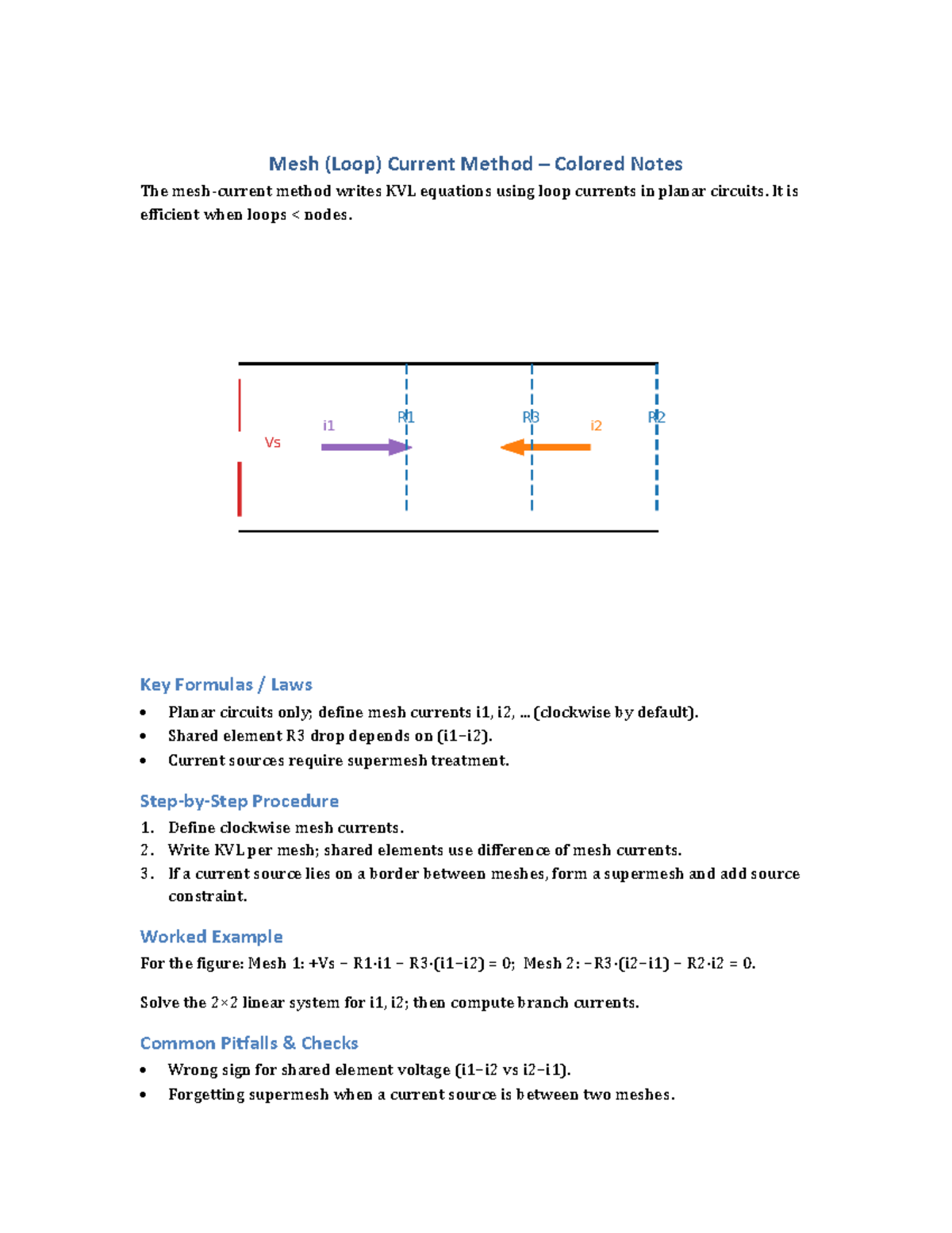 Mesh Current Method (Loop) Notes - KVL in Planar Circuits - Studocu