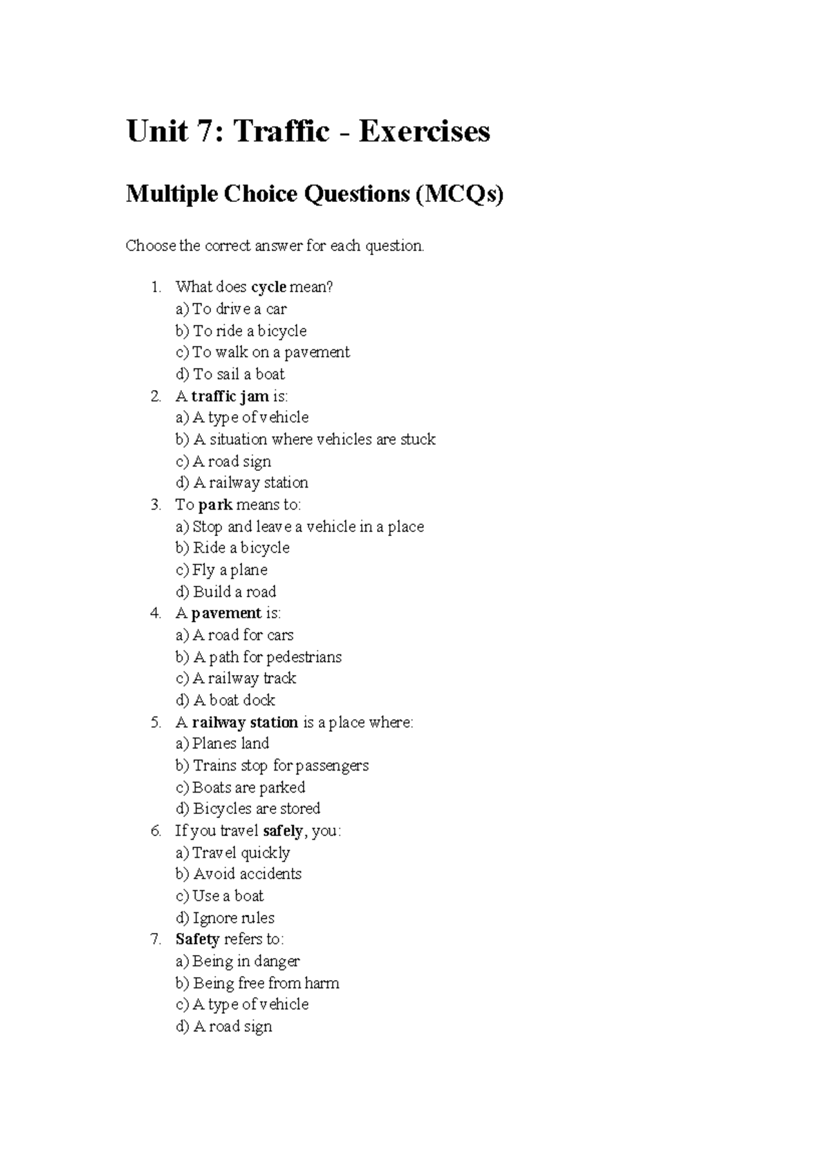 Unit 5-12: Comprehensive Exercises and MCQs for Traffic, Films ...