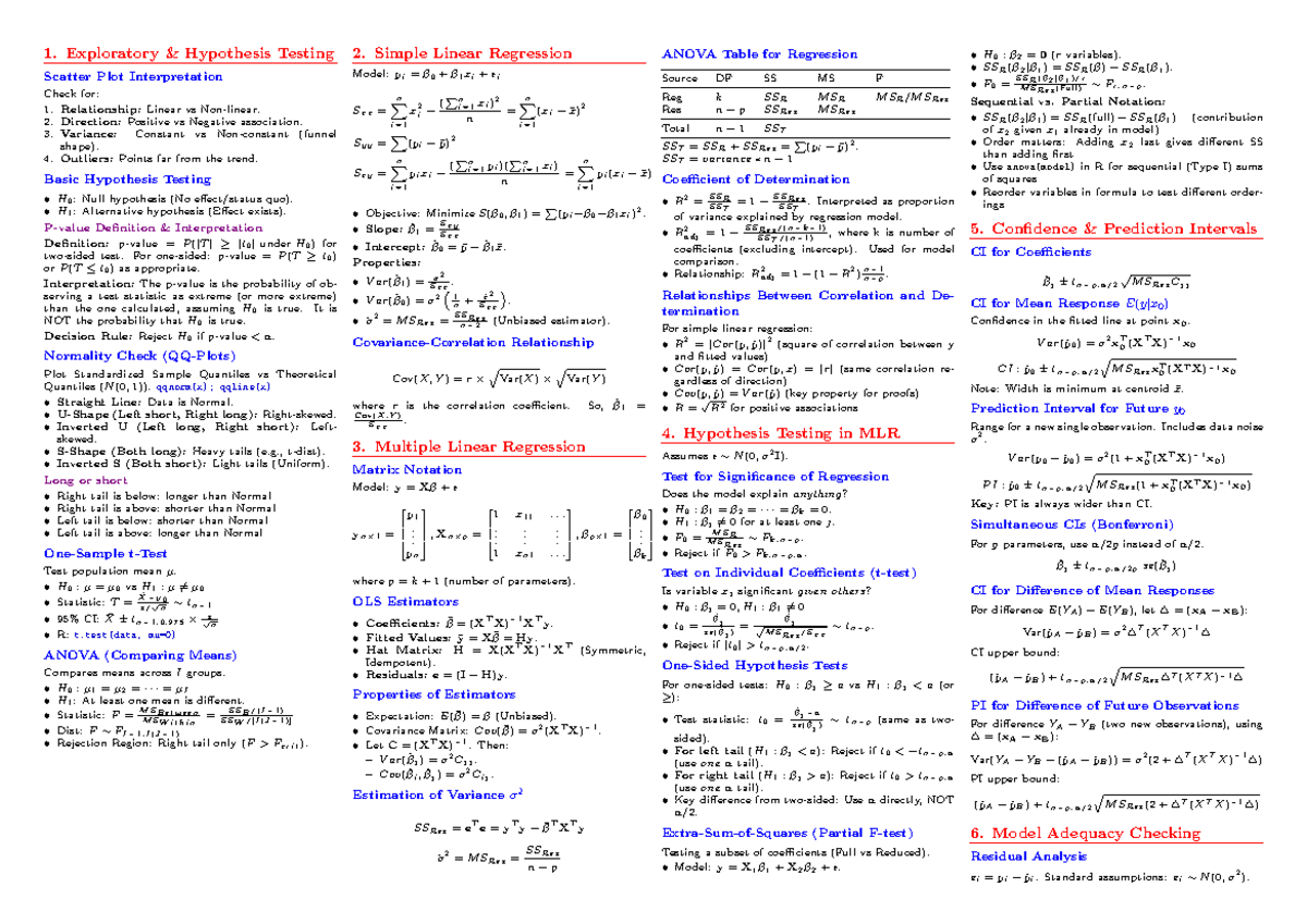 ST3131 Final Exam Cheatsheet: Hypothesis Testing & Regression Analysis ...