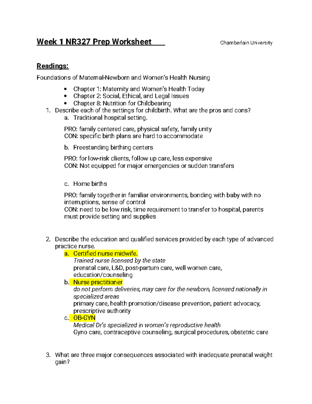 Prep worksheets for week 1 materials and quiz - Week 1 NR327 Prep ...